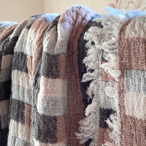 Soft Pure Linen Throw Blanket, Flax Cotton Bedspread, Geometric Bed ...