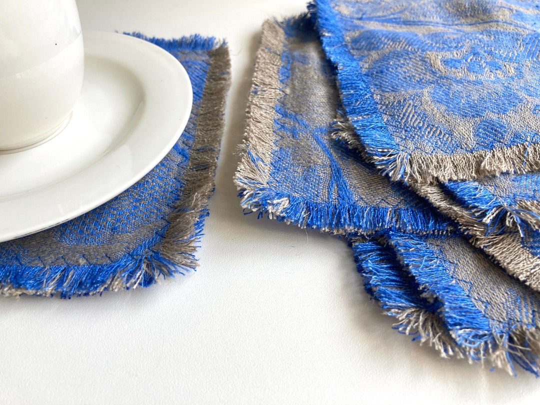Floral Linen Drink Coasters: Blue Beige Fringed Tea Cup Mats (set of 4 ...