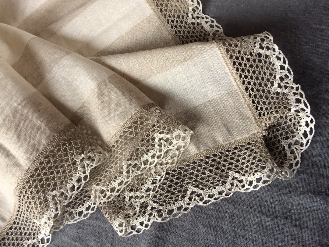 Striped Linen Table Cloth With Lace Edge Trim, Ivory Beige Natural ...