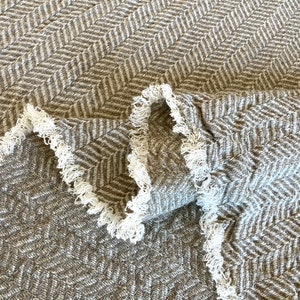 Undyed Natural Linen Throw Blanket, Herringbone Pure Flax Bedspread, Frayed Twin Size Bed Cover ...
