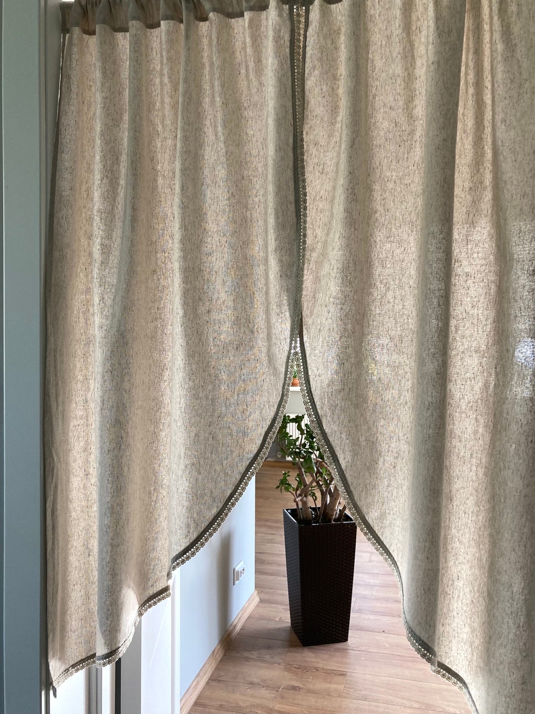 Rounded Door Curtain With Lace, Natural Undyed Beige Sand Oatmeal Color ...