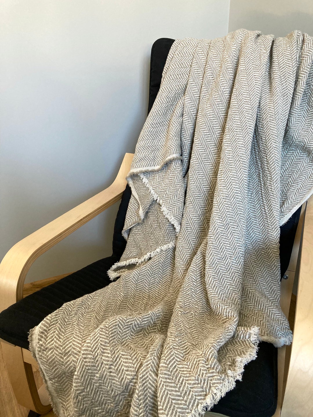 Undyed Natural Linen Throw Blanket, Herringbone Pure Flax Bedspread ...