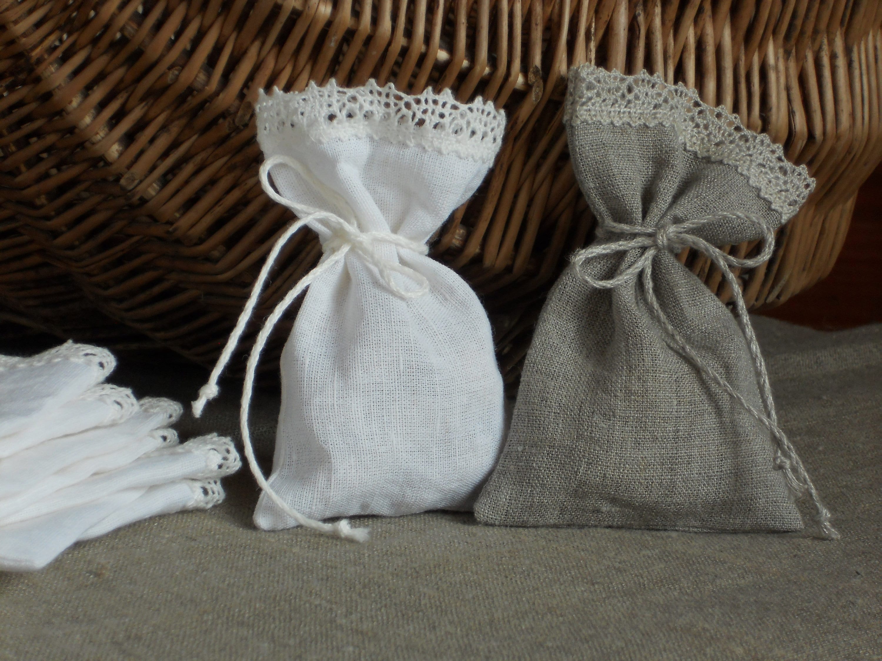 Linen Favor Bags With Crochet Lace: Set of 10 Undyed or Ivory Gift ...