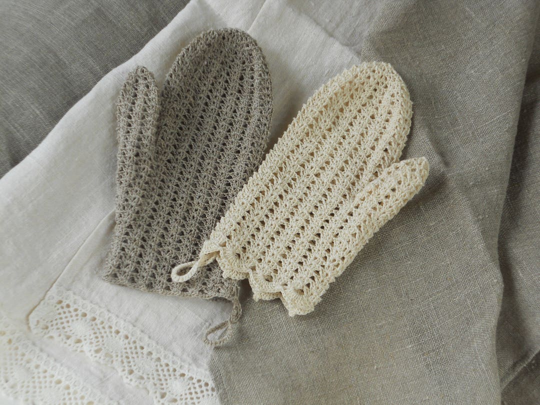 Crochet Bath Mitten, Pure Linen Handknit Wash Glove, Exfoliating Flax ...