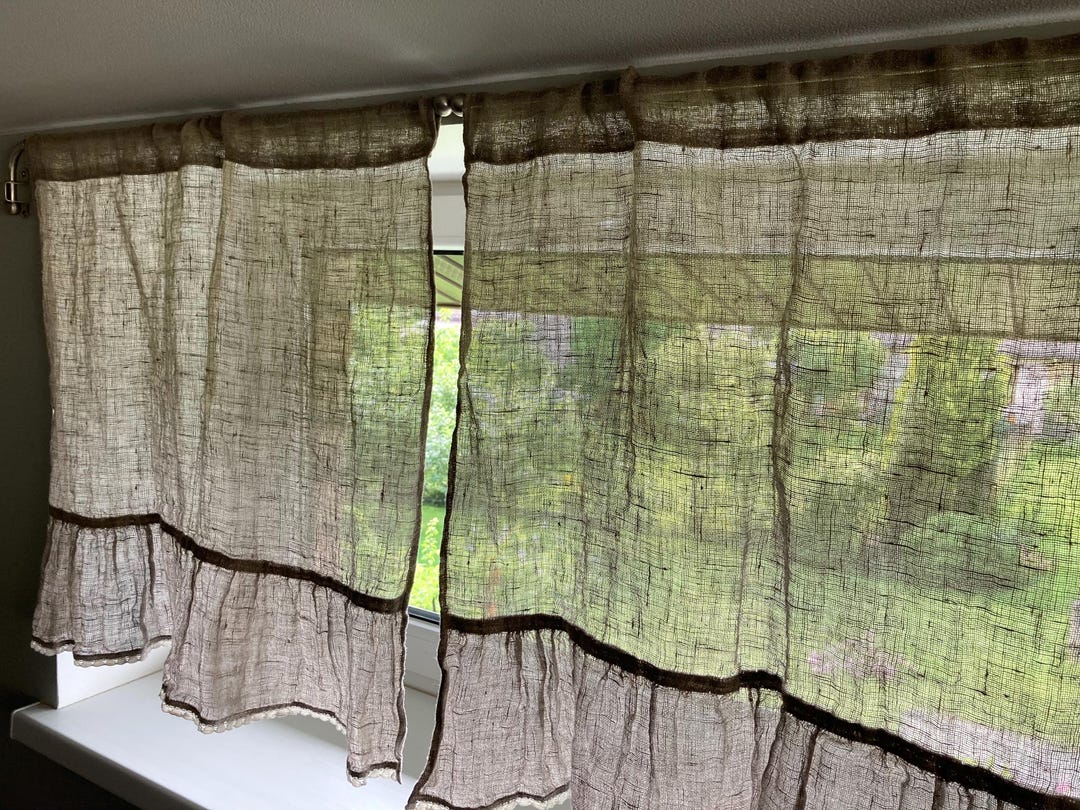 Rustic Linen Cafe Curtains: Sheer Undyed Kitchen Window Ruffled Mesh ...