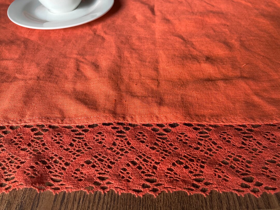 Coral Orange Table Runner With Lace, Bright Table Topper, Mantle Scarf With Crochet Lace, Tea ...