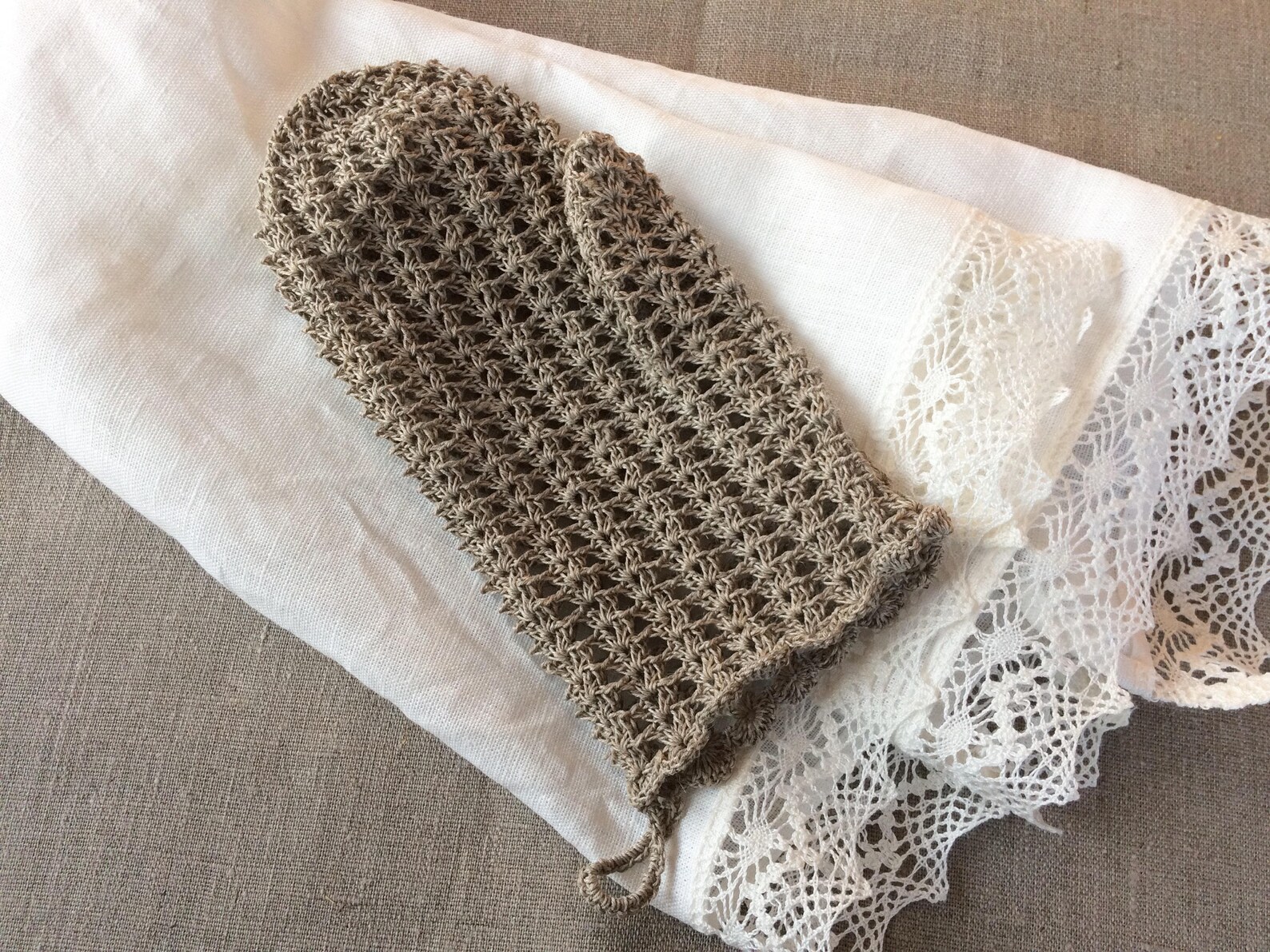 Crochet bath mitten pure linen handknit wash glove | Etsy