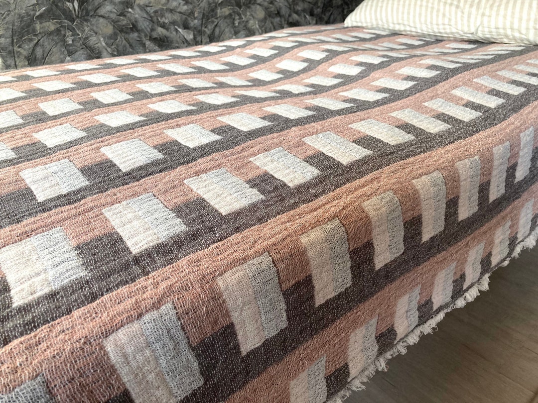 Soft Pure Linen Throw Blanket, Flax Cotton Bedspread, Geometric Bed ...