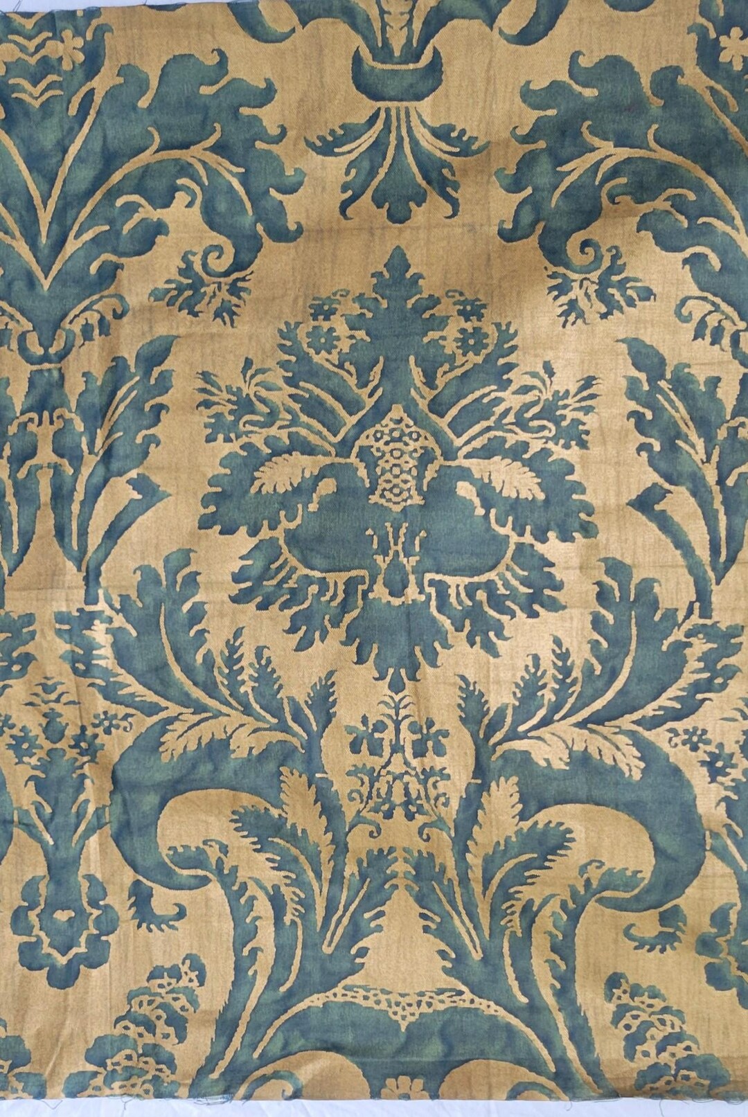 Vintage Fortuny Fabric - Glicine Pattern, Blue Green With Gold Metallic ...