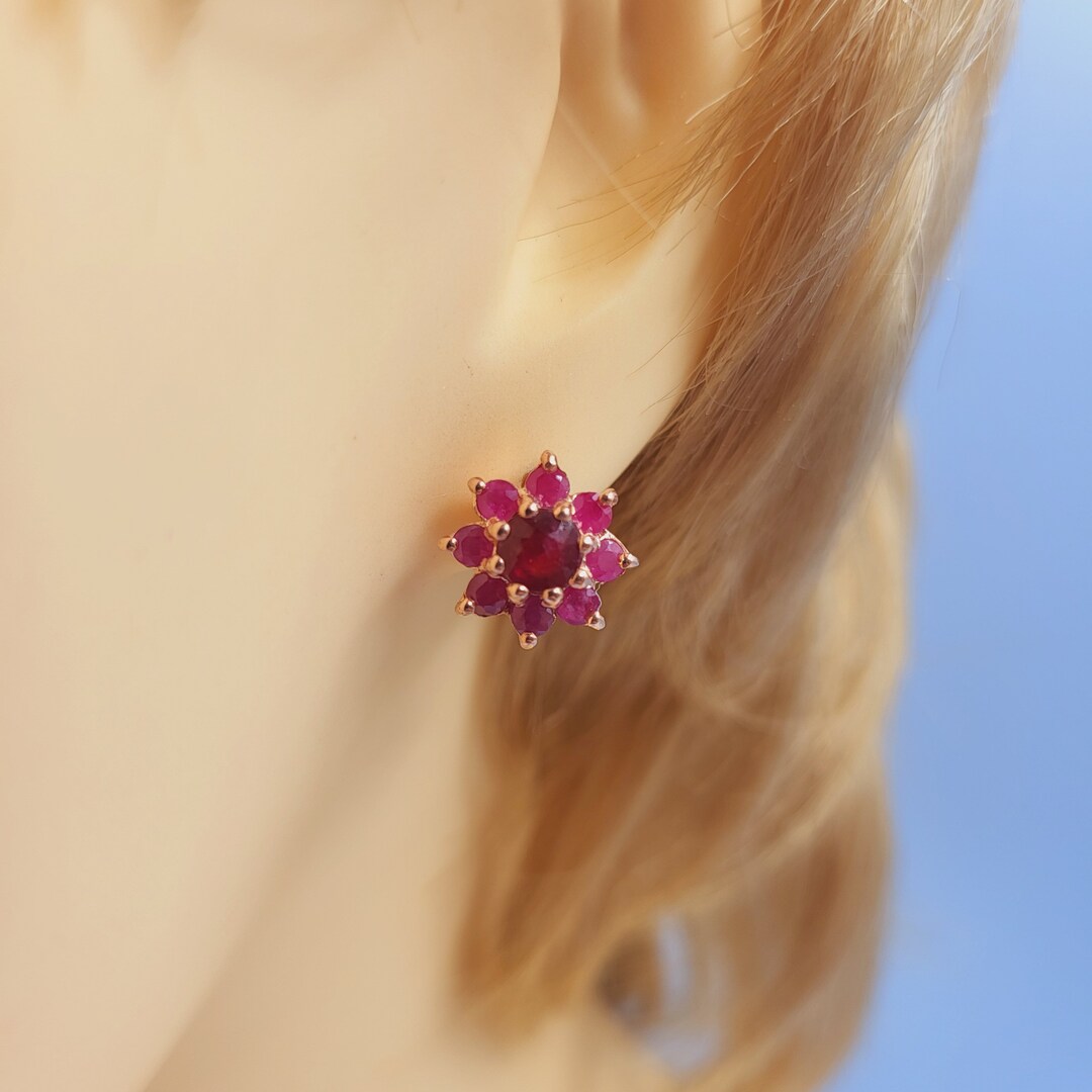 Garnet and Pink Ruby Stud Earrings, Rose Gold Plated, Sterling Silver ...