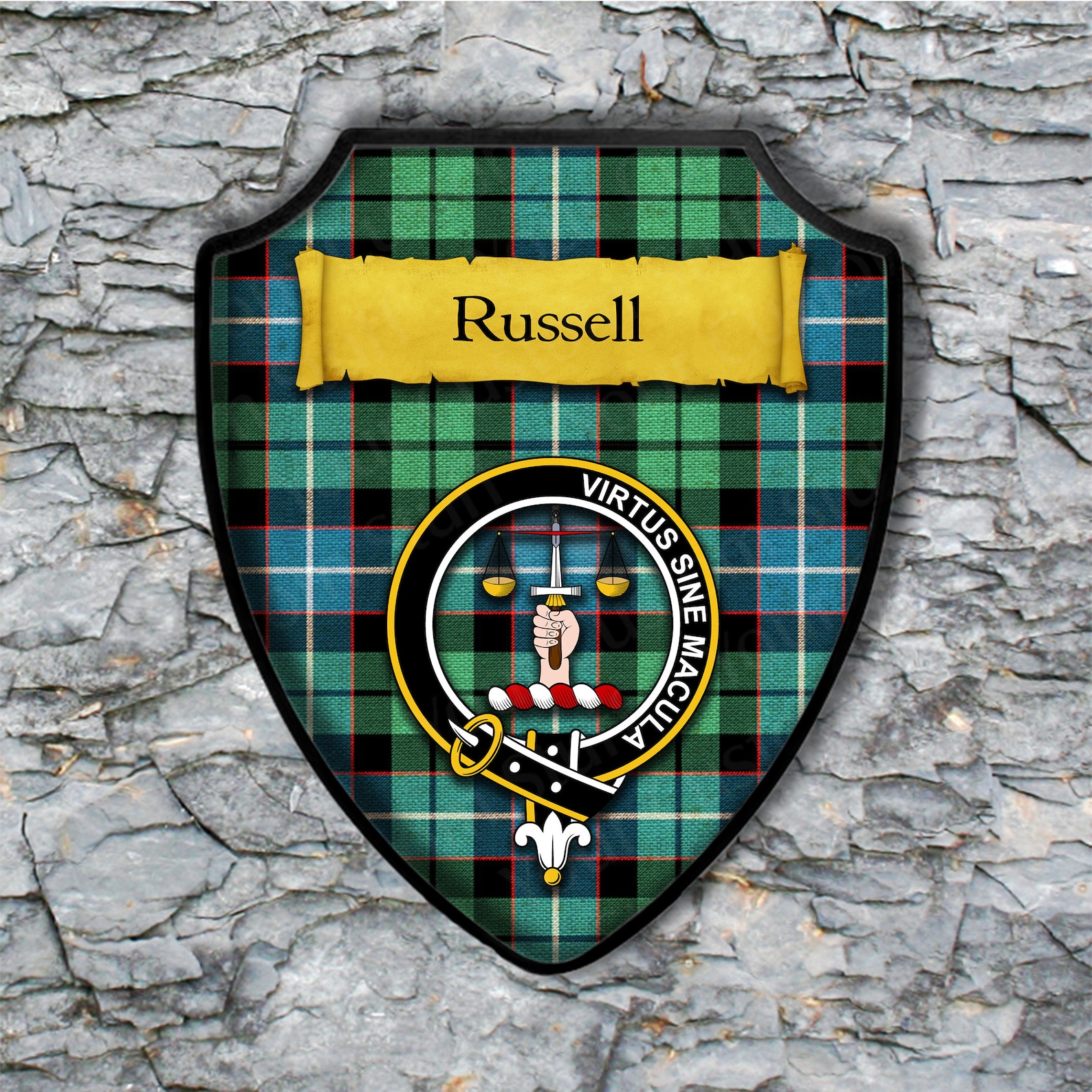 Russell Plaque with Scottish Clan Badge on Clan Tartan | Etsy