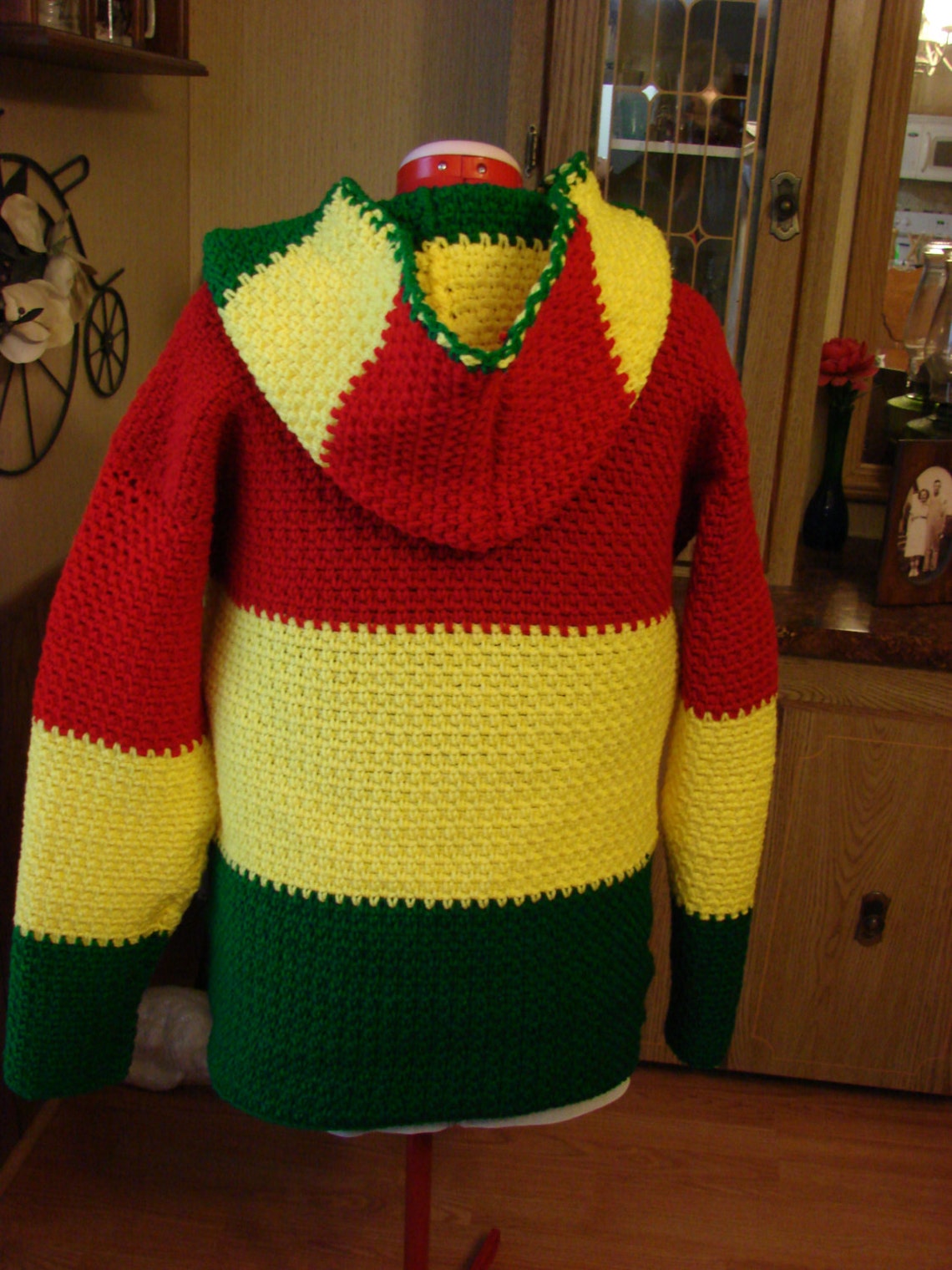 Crochet Hooded Mens Red Yellow and Green Sweater Made to - Etsy