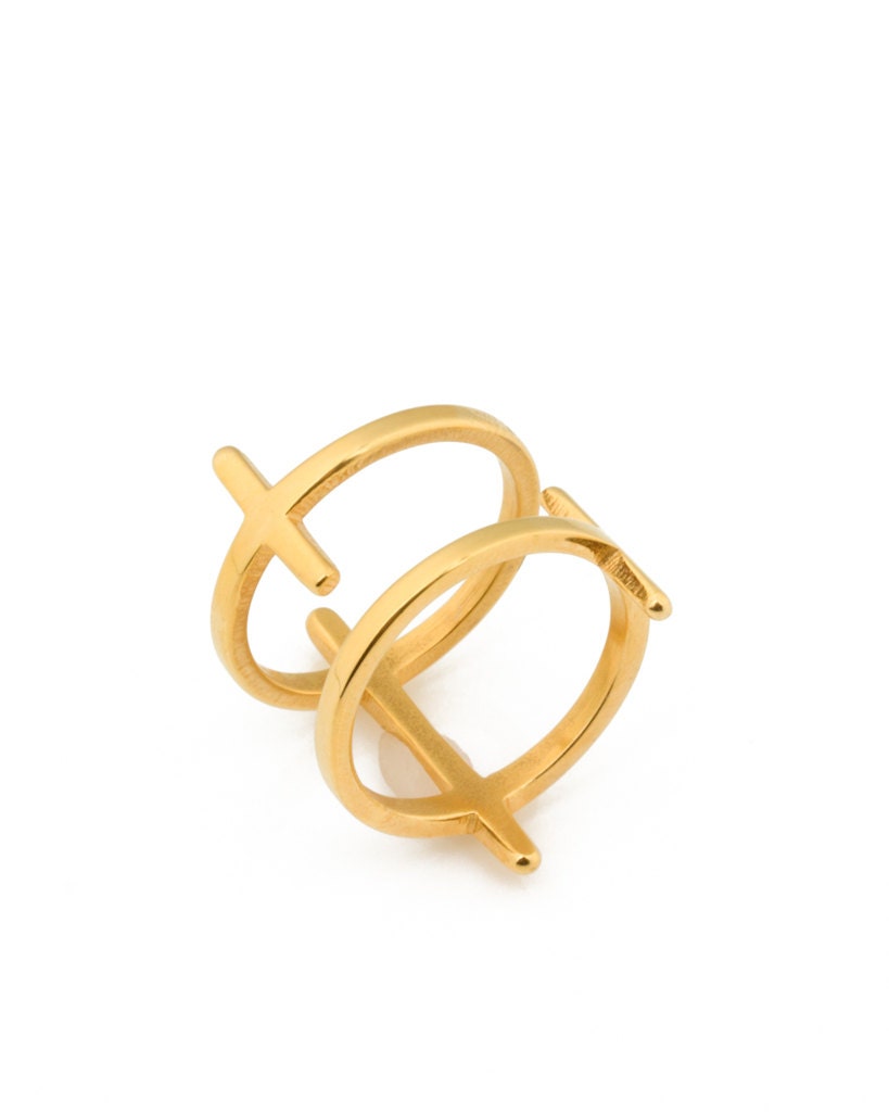 Cross Ring Gold Double Ring Statement Ring Minimalist Ring | Etsy