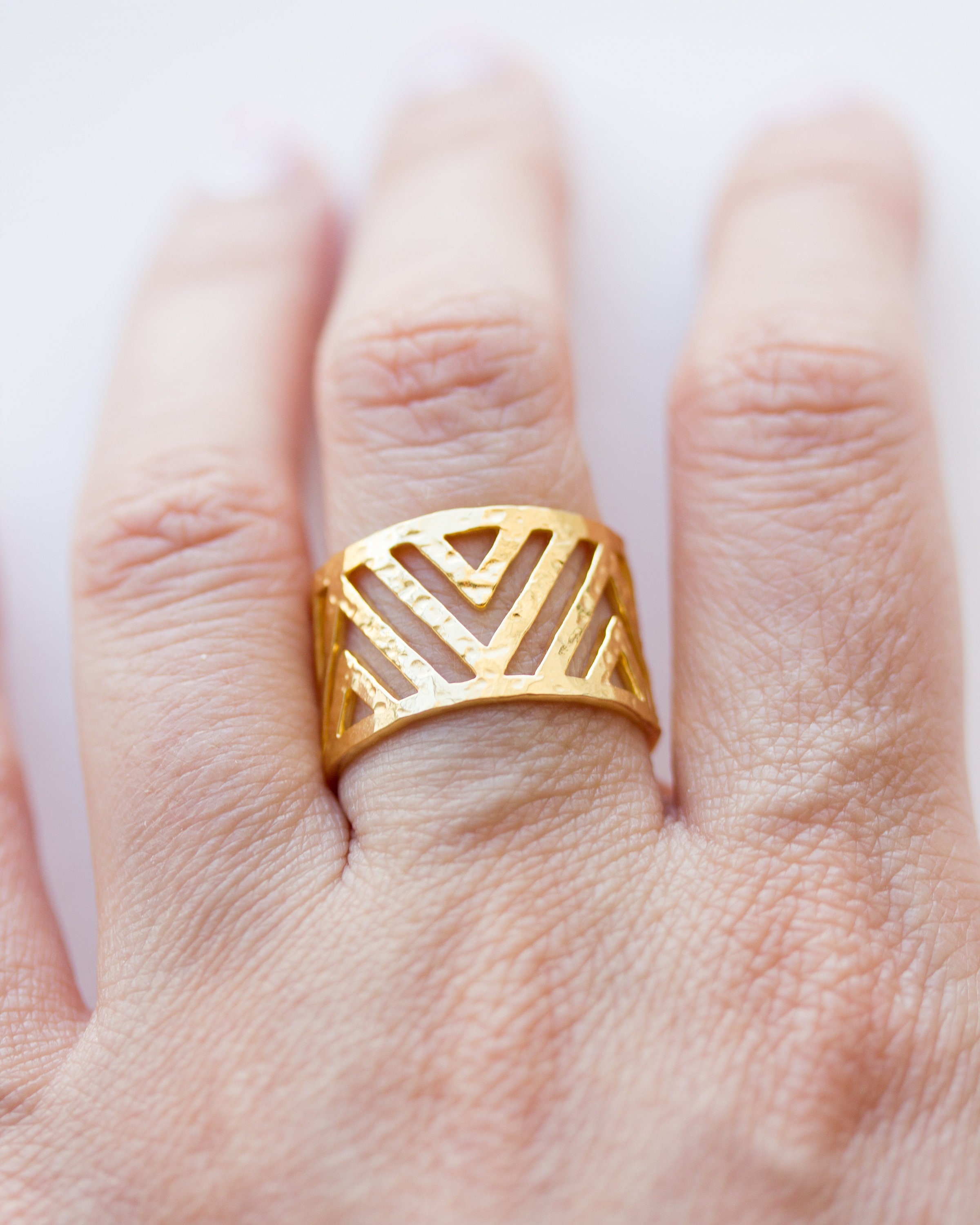 Wide Band Ring Gold Chevron Ring Gold Large Band Ring V | Etsy