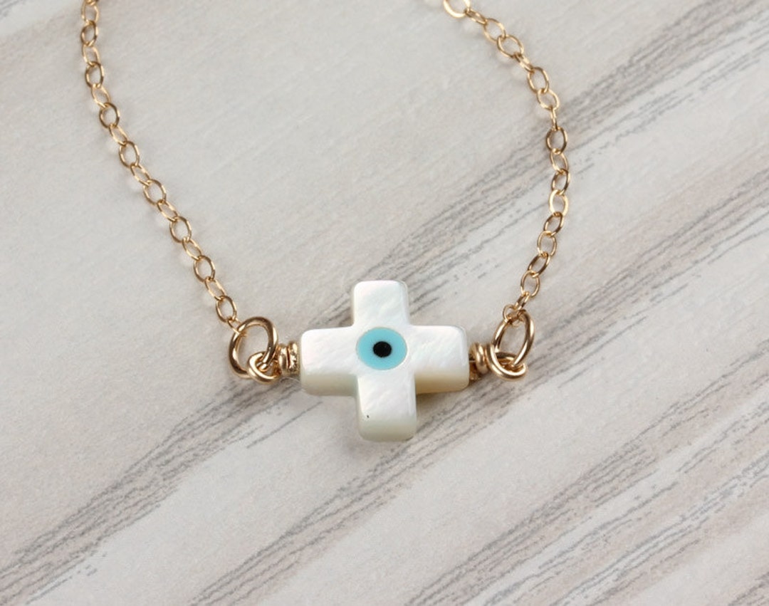 Evil Eye Cross Necklace, Sideways Cross Necklace, Mother of Pearl ...