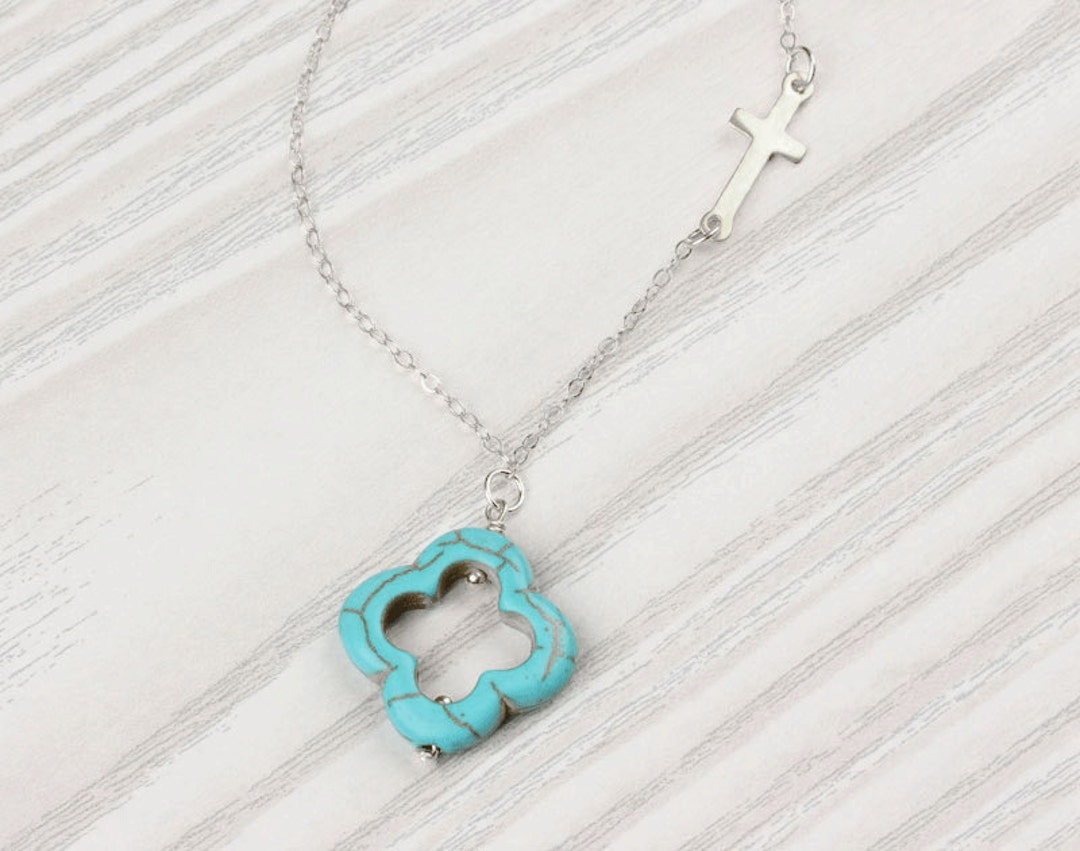 Turquoise Necklace / Clover Necklace / Sideways Cross Necklace - Etsy