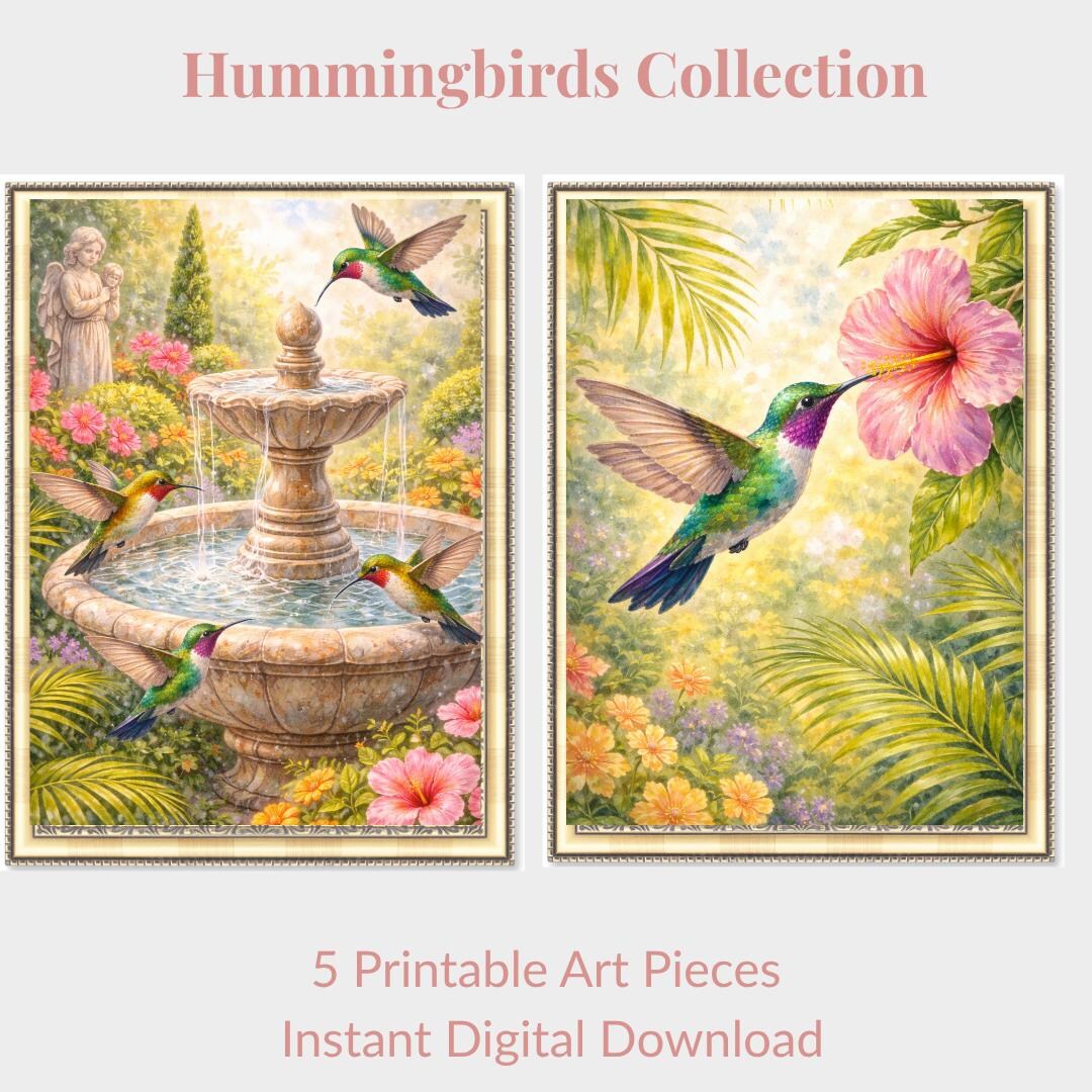 5 Digital Prints - Hummingbirds Collection - Cottage Kitchen Wall Art ...