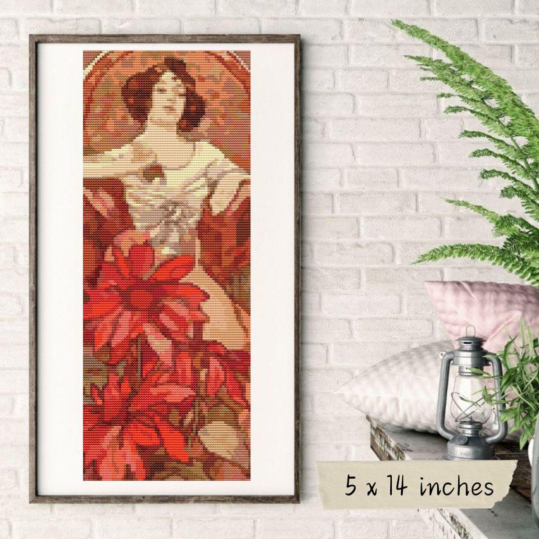 Ruby Cross Stitch Pattern Alphonse Mucha Art Nouveau Woman Red Flowers ...