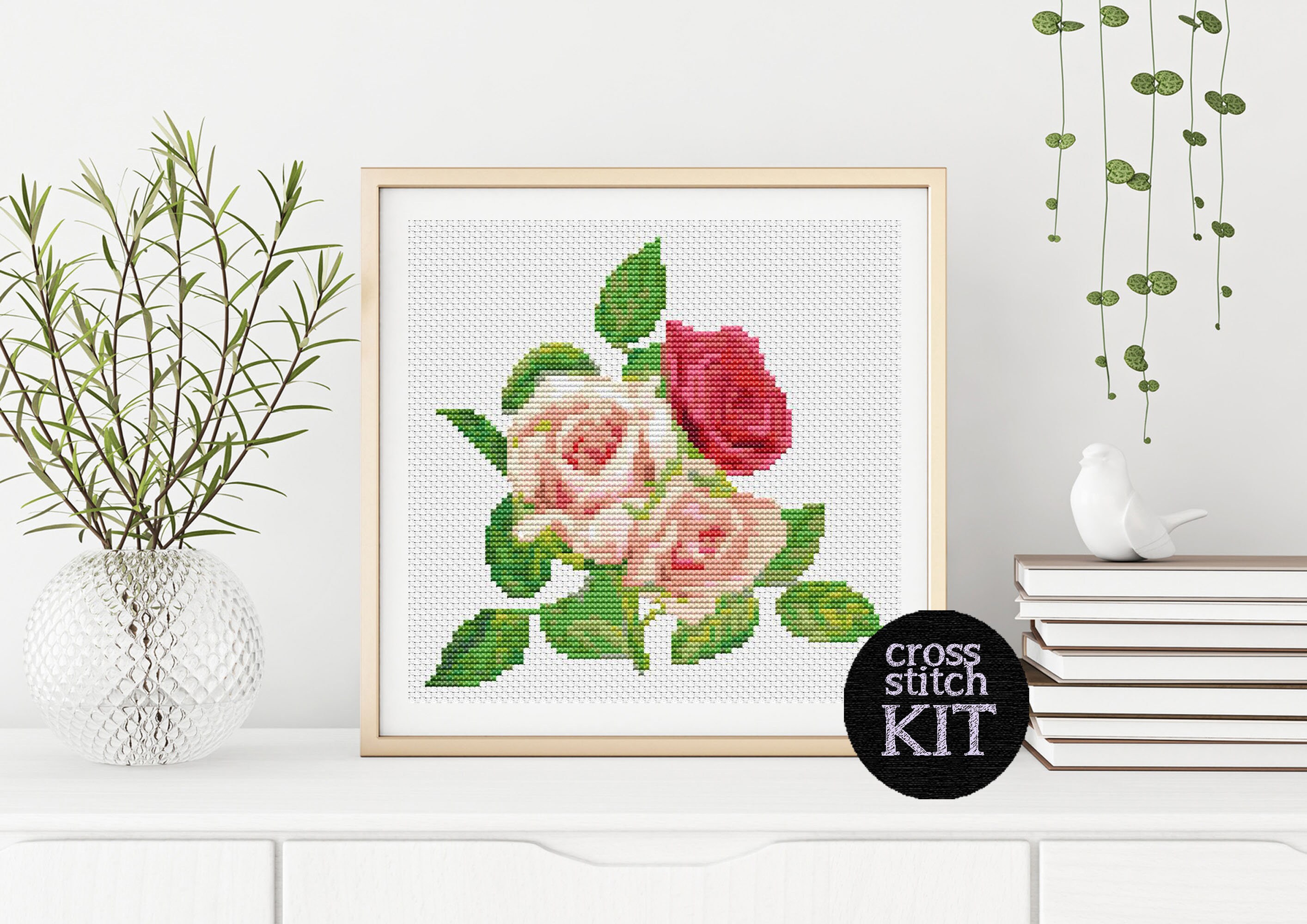 A Trio of Pink Roses Cross Stitch Kit Floral Cross Stitch | Etsy
