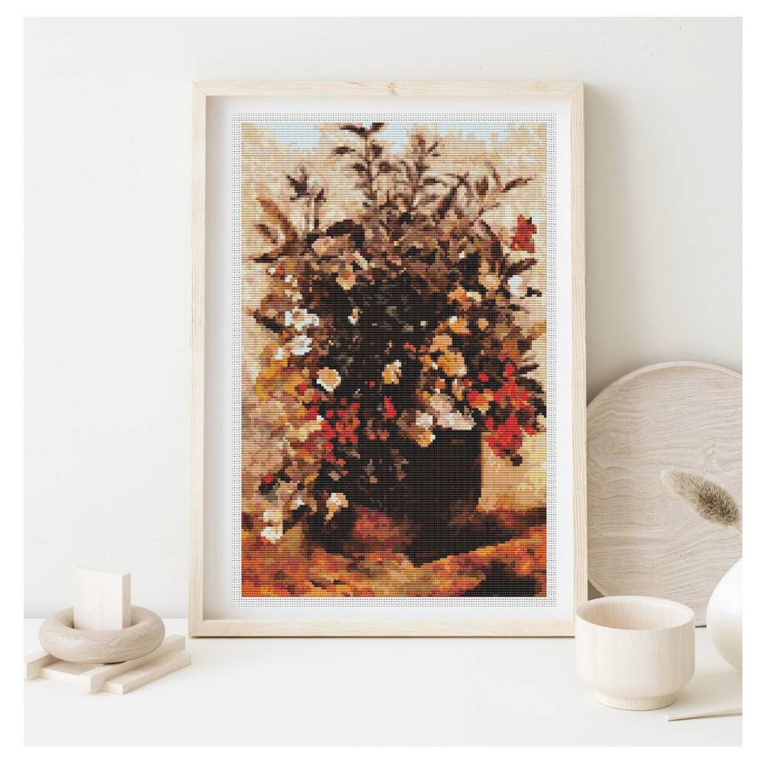 FULL KIT Autumn Berries and Flowers in Brown Pot Cross Stitch Kit ...