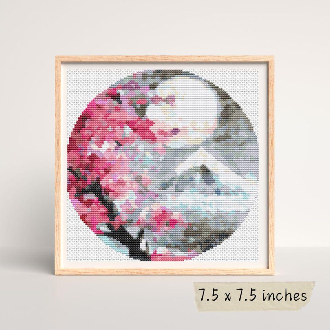 Pink Blossoms Circular Cross Stitch Pattern, Moon, Landscape, Art ...