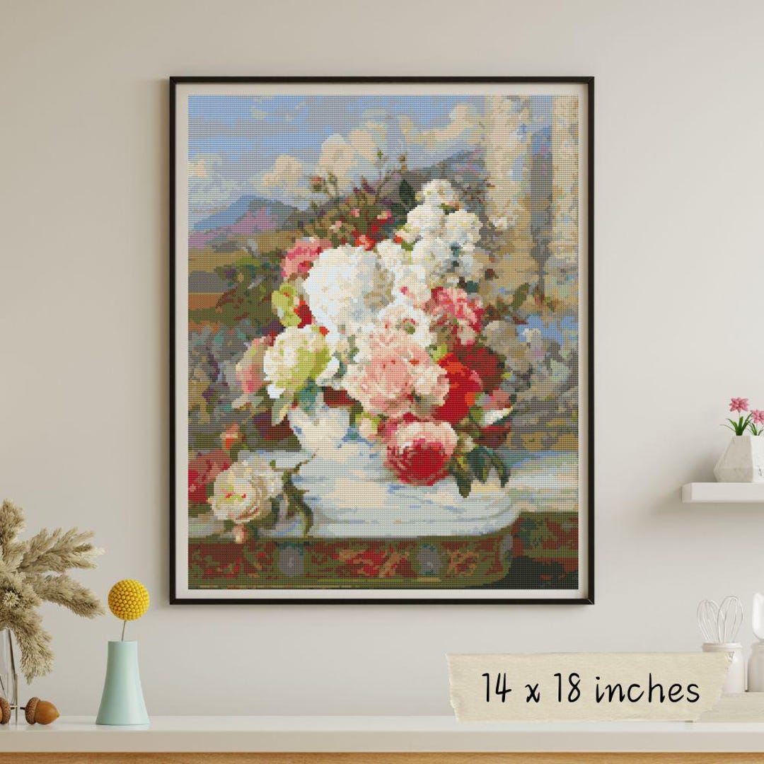 Roses on a Marble Ledge Cross Stitch Pattern, William Jabez Muckley ...