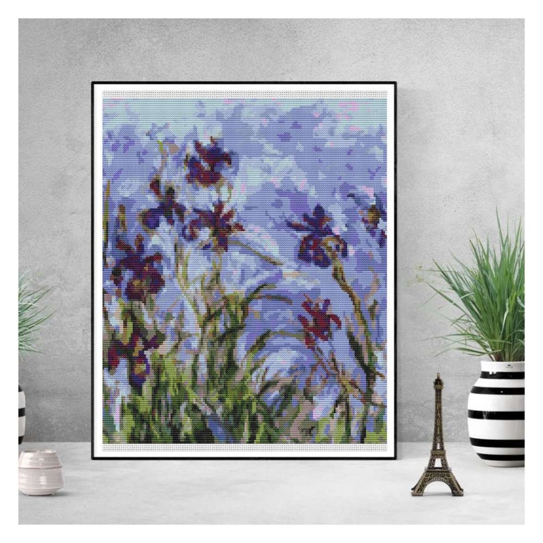 FULL KIT Irises Cross Stitch Kit, Floral Embroidery Set, Claude Monet ...