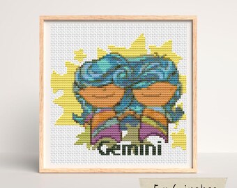 Gemini Cross Stitch Pattern, the Twins Horoscope Chart, Gemini Symbol, Blue Nebula, Counted ...