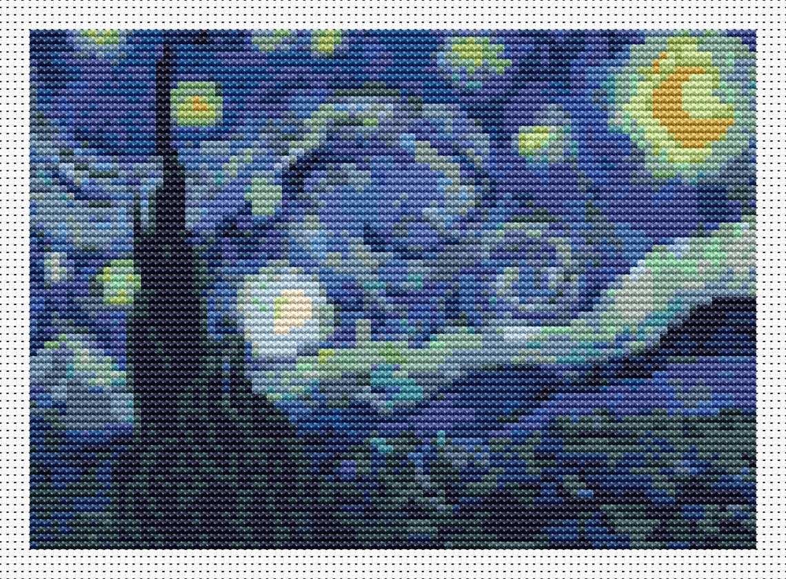 The Starry Night Mini Cross Stitch Pattern Landscape Cross - Etsy