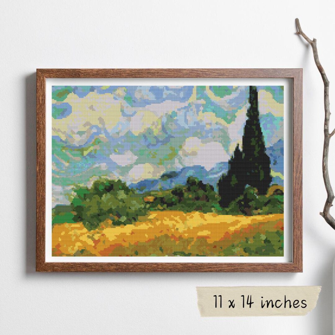 Cross Stitch Pattern Wheatfield With Cypresses, Landscape Embroidery ...