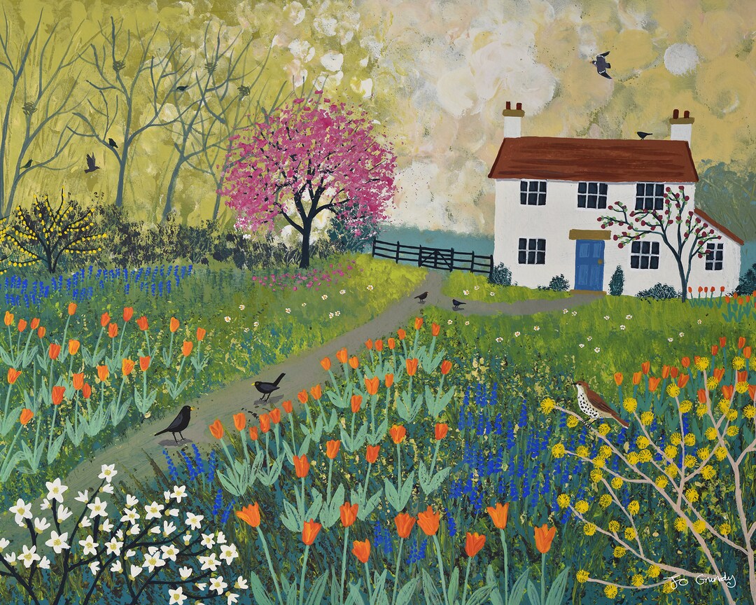 16 X 20" Canvas Print of Spring Garden, White Cottage and Tulips From ...