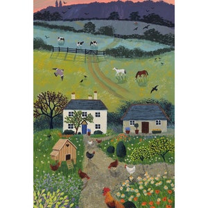 Print on Paper of an Early Morning Country Scene With Cottage, Hens and ...