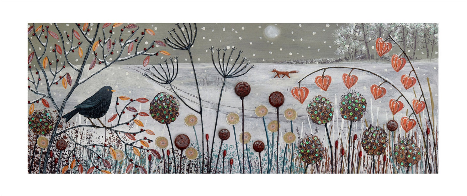 Large Panoramic Print on Paper of Snow Scene With Blackbird and Fox ...