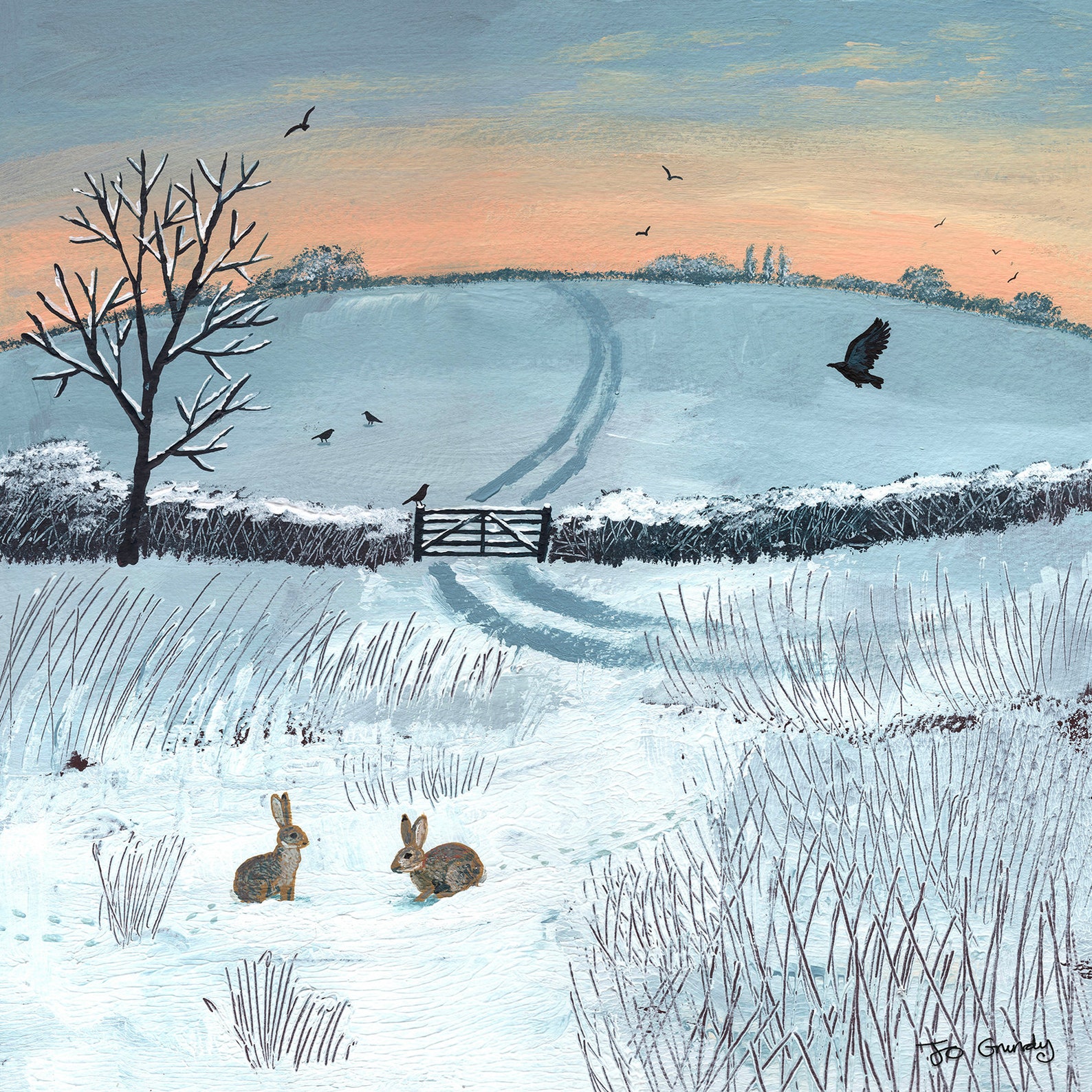 Canvas Print of Winter Scene With Rabbits From an Original Acrylic ...