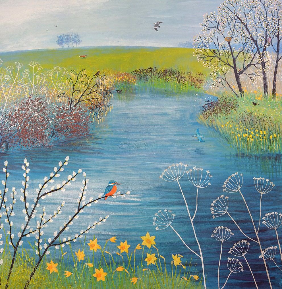 Print on Paper of Countryside in Spring With Lake and Kingfishers From ...