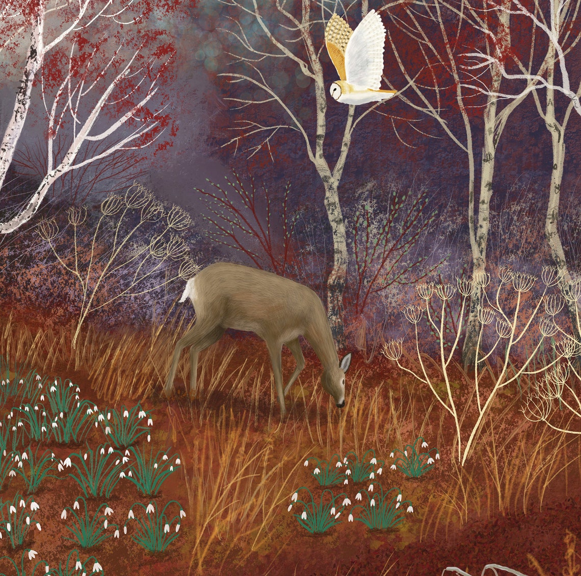 Canvas print of a woodland scene with deer and owl from an | Etsy
