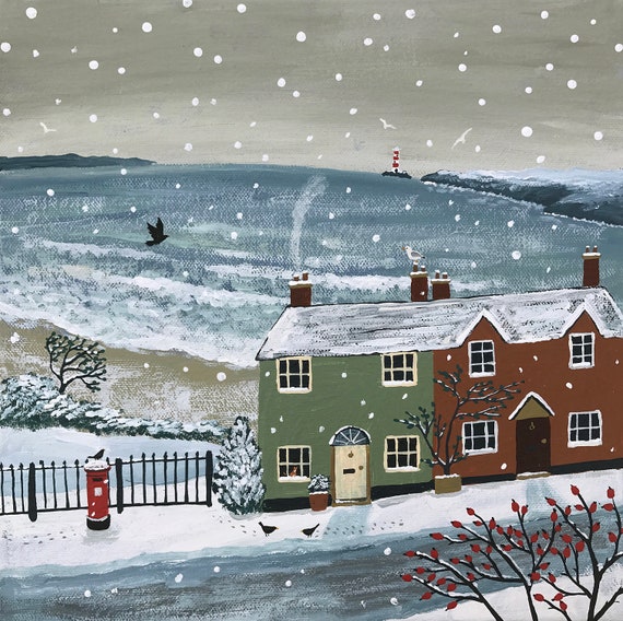 Winter Print of Seaside With Cottages Postbox and Birds From | Etsy