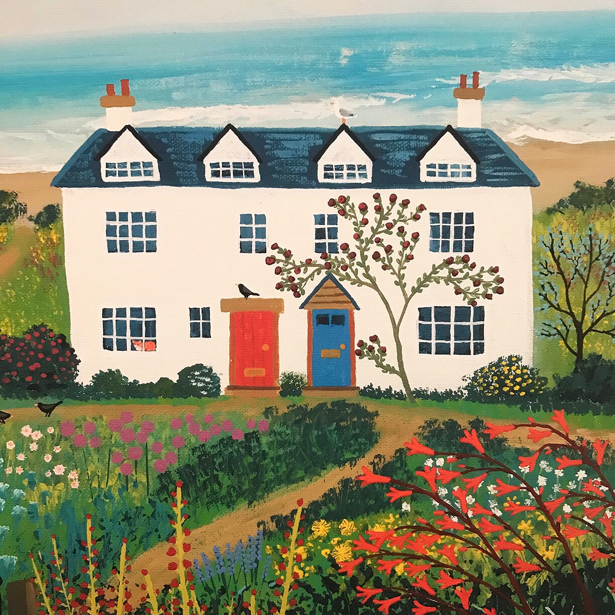 Canvas Print of Beach Scene With White Cottages From an Original ...