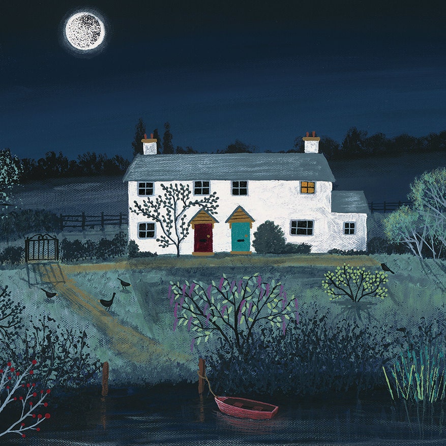 Print on paper of English countryside at night with river and | Etsy