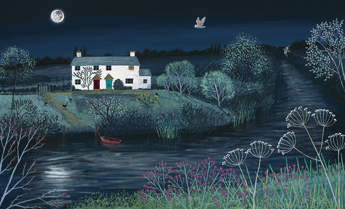 Print on Paper of English Countryside at Night With River and Owl From ...