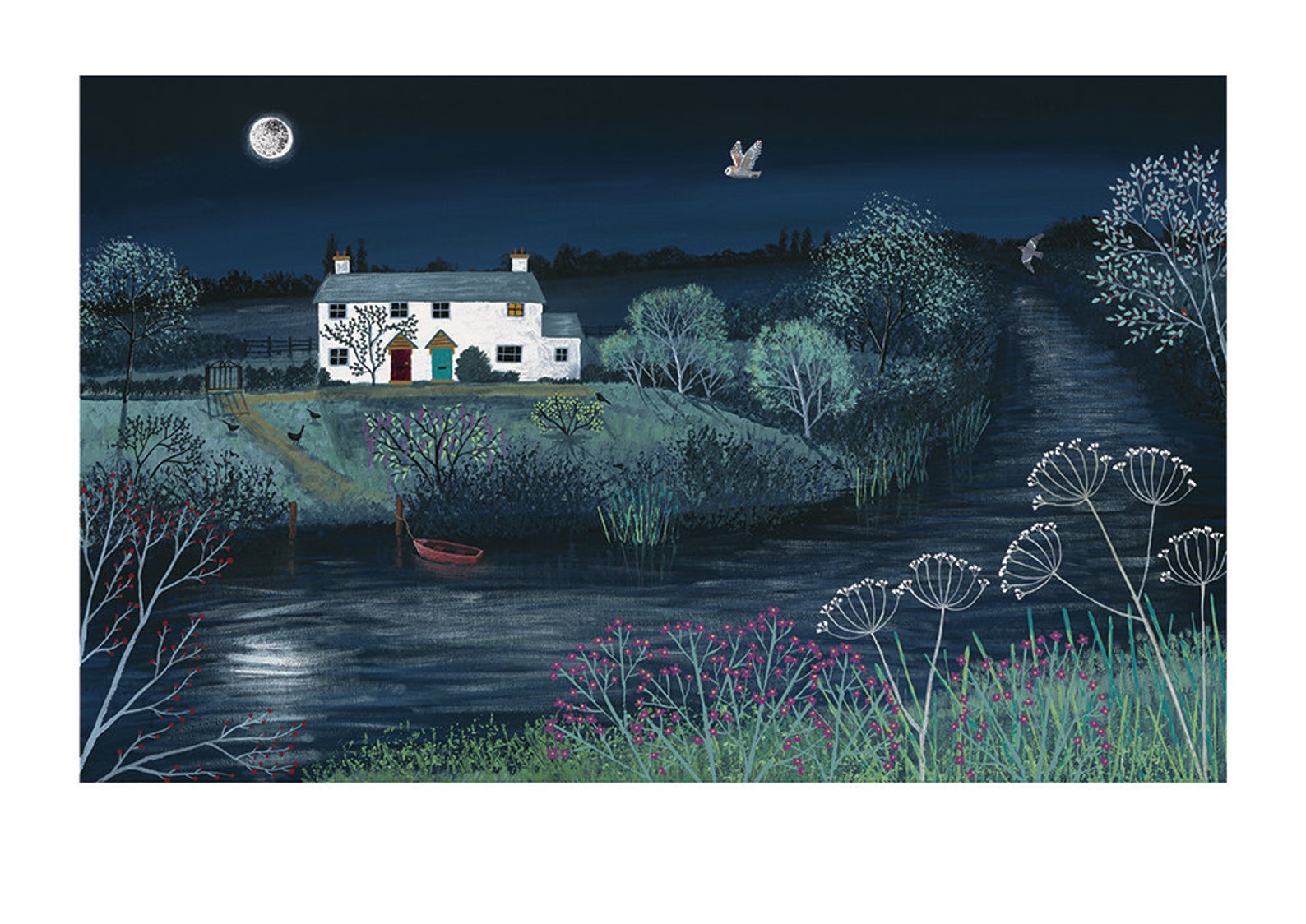 Print on paper of English countryside at night with river and | Etsy