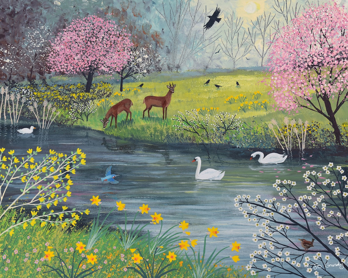 16 X 20" Canvas Print of River in Spring With Blossom Trees and Deers ...