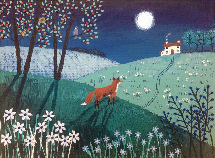 Mounted Print of English Countryside at Night With Moon and Fox From an ...