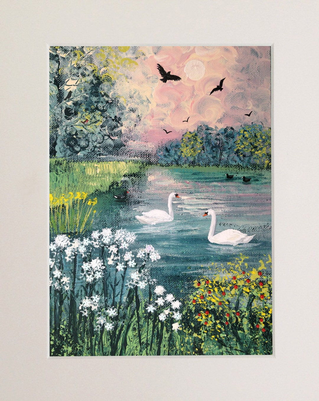 8 X 10 Inch Mounted Print of Landscape With River and Swans From an ...