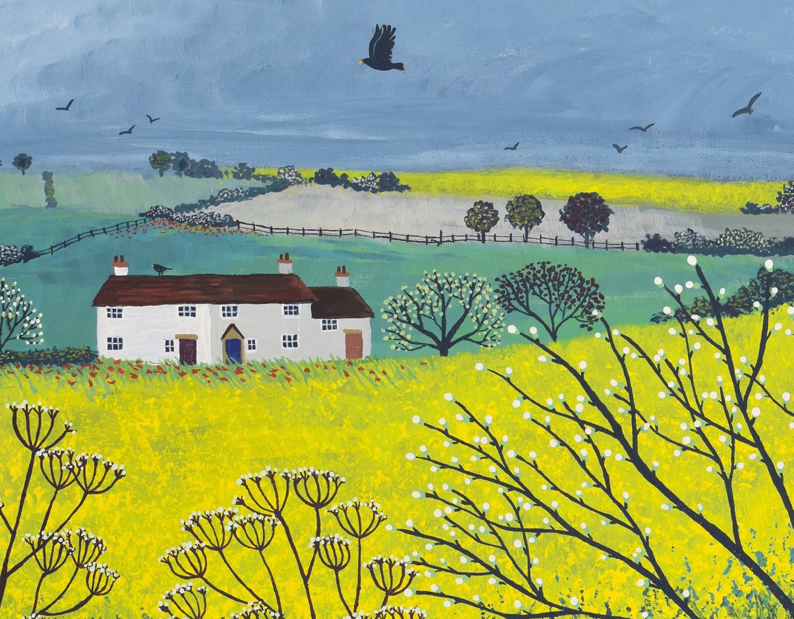 Print on Paper of a Spring Landscape With Yellow Fields and Cottages ...