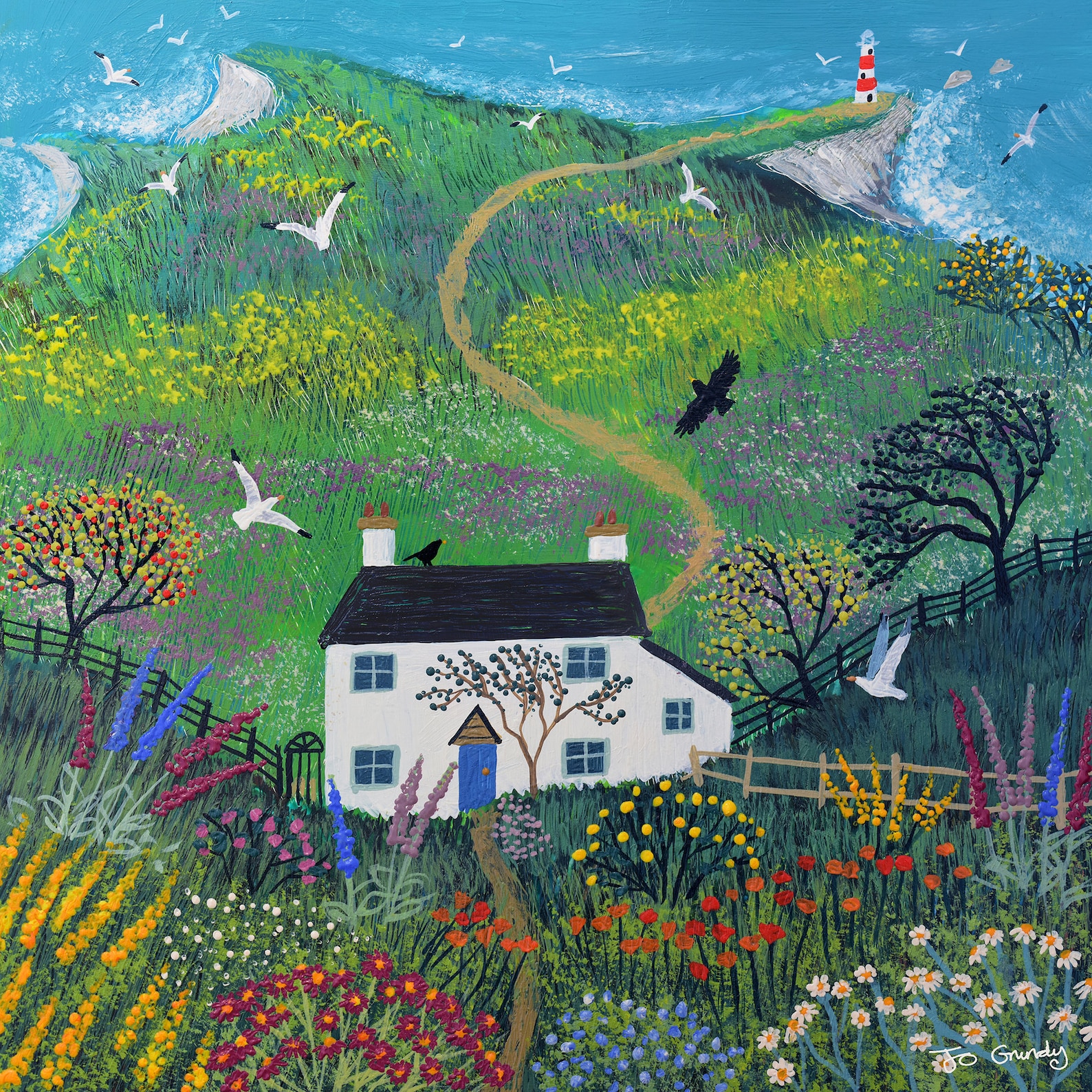Canvas Print of a White Cottage by the Sea With Lighthouse From an ...