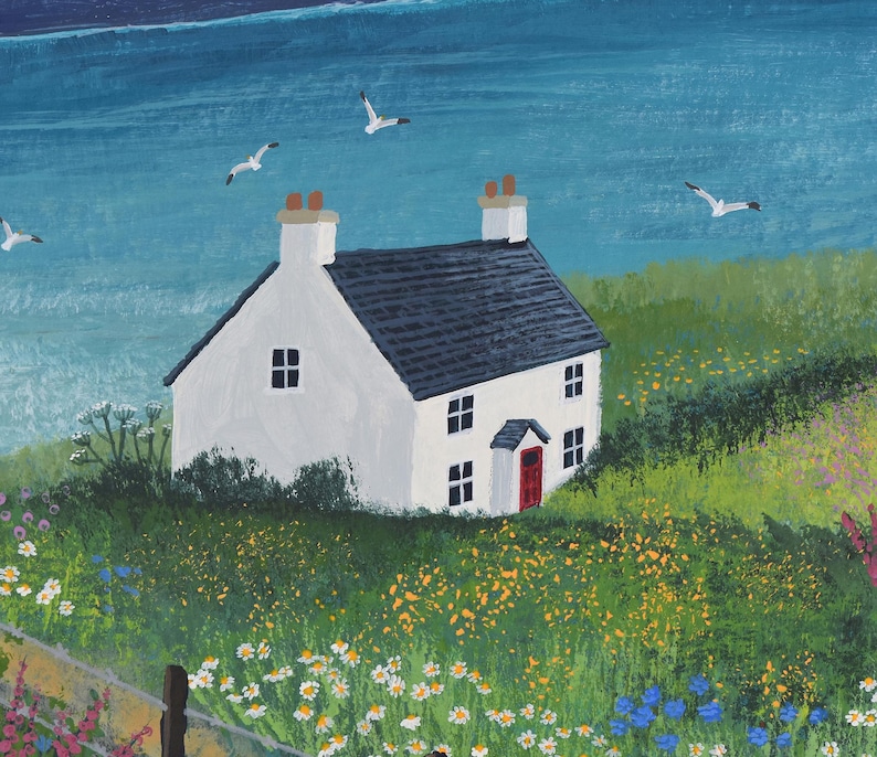 Print on Paper of a White Cottage by the Sea With Seagull Printed From ...