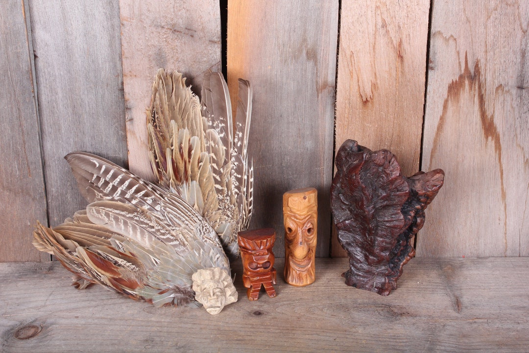 Lot Vintage Oddities Rare Tiki Figure Carved Wooden Effigies Feather ...
