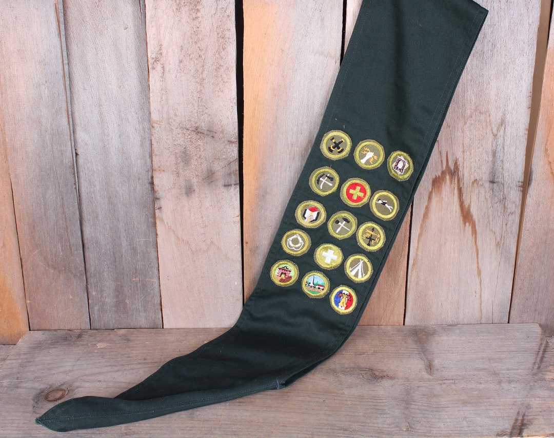 Vintage 1960's Boy Scout Uniform Sash Forest Green 15 Patches Hand Sewn ...
