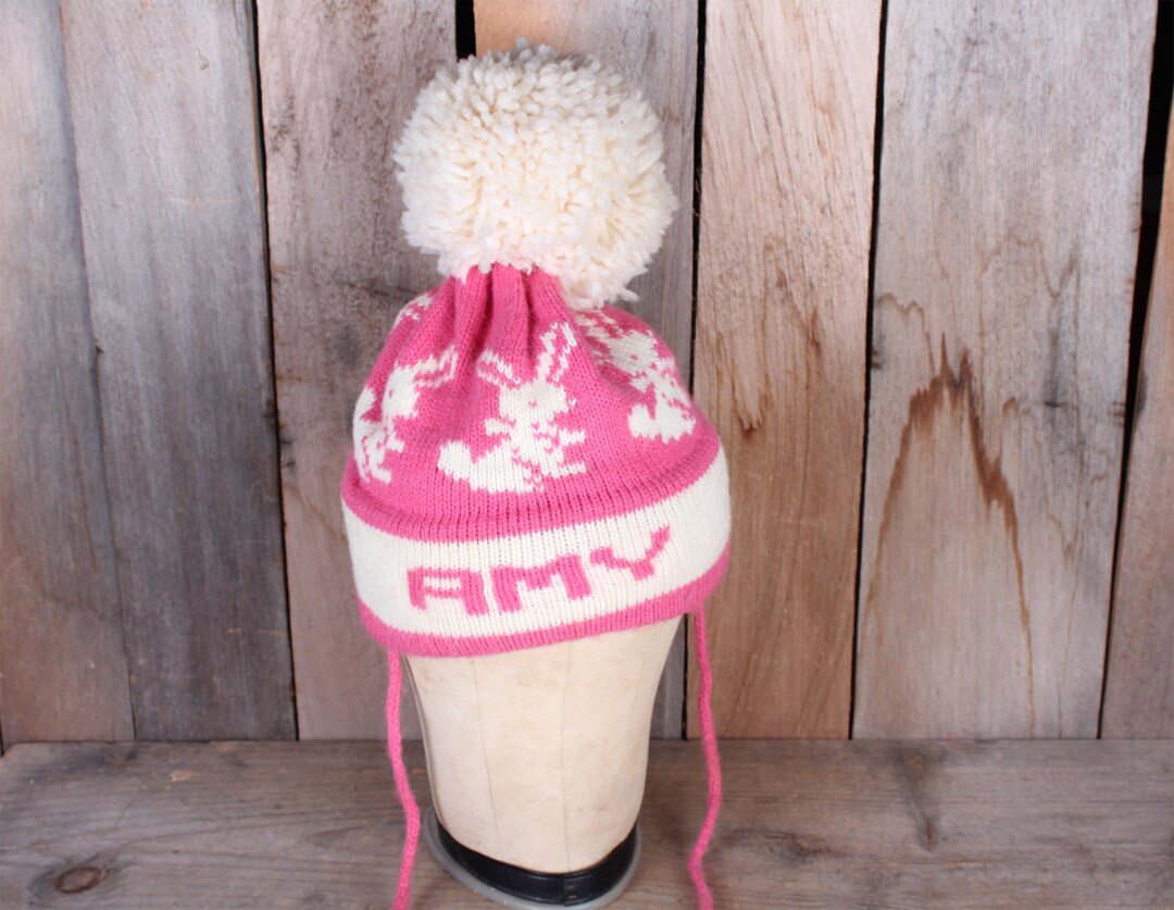 Vintage 1980s Knit Winter Cap: Child's Pink Bunny Hat, Name Amy - Etsy